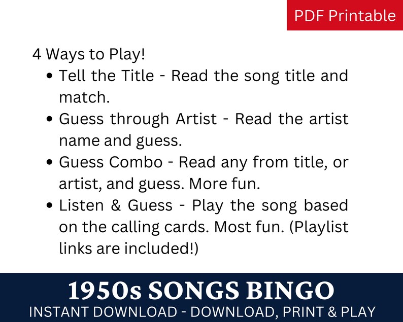 5 1950s Songs Bingo Game Card 50s Music Bingo With Playlist - Etsy