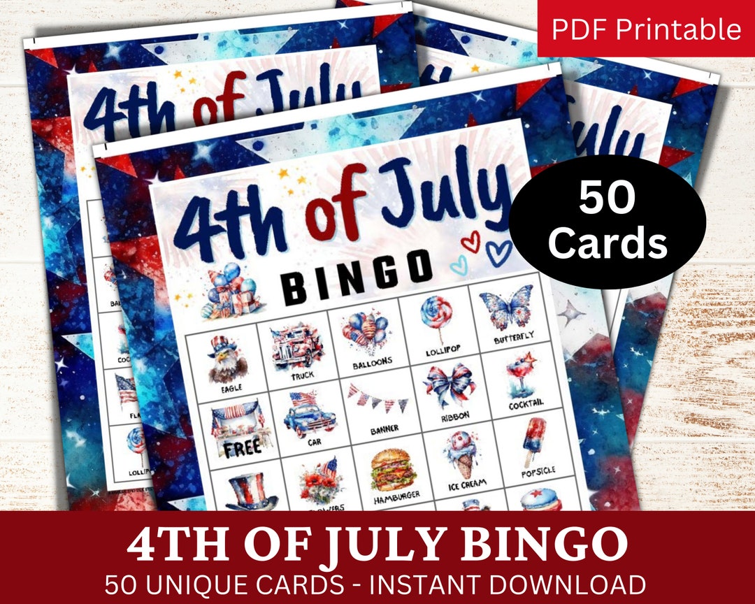 50 4th of July Watercolor Bingo Game, Fourth Family Party, Summer ...