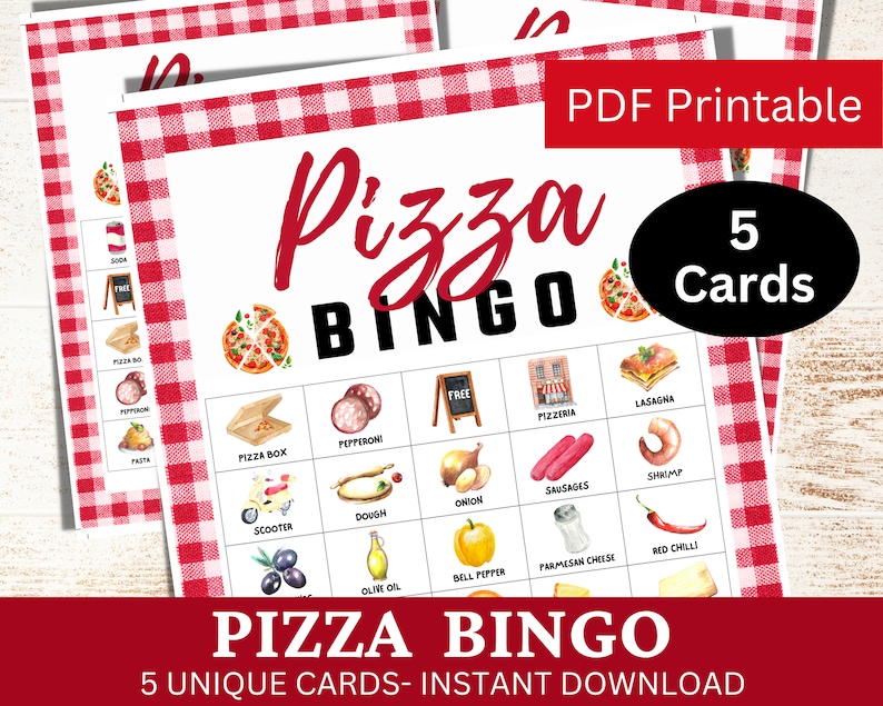 5 Pizza Bingo Game Card, Watercolor Food Theme Party Activity, PDF Game ...