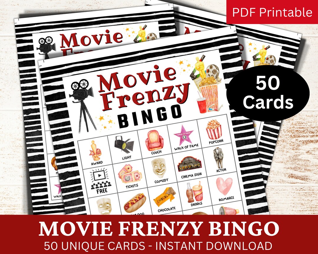 50 Movie Frenzy Bingo Game Card, Watercolor Holiday Themed Activity ...