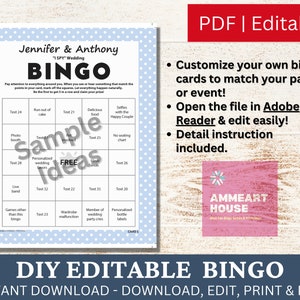 50 Editable Bingo Pastel Indigo Blue Template PDF, DIY Fillable Bingo ...