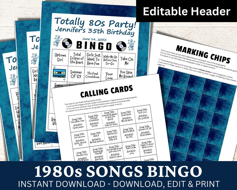 Editable Header Classic 80s Songs Bingo, Birthday PDF for Retro Lovers ...