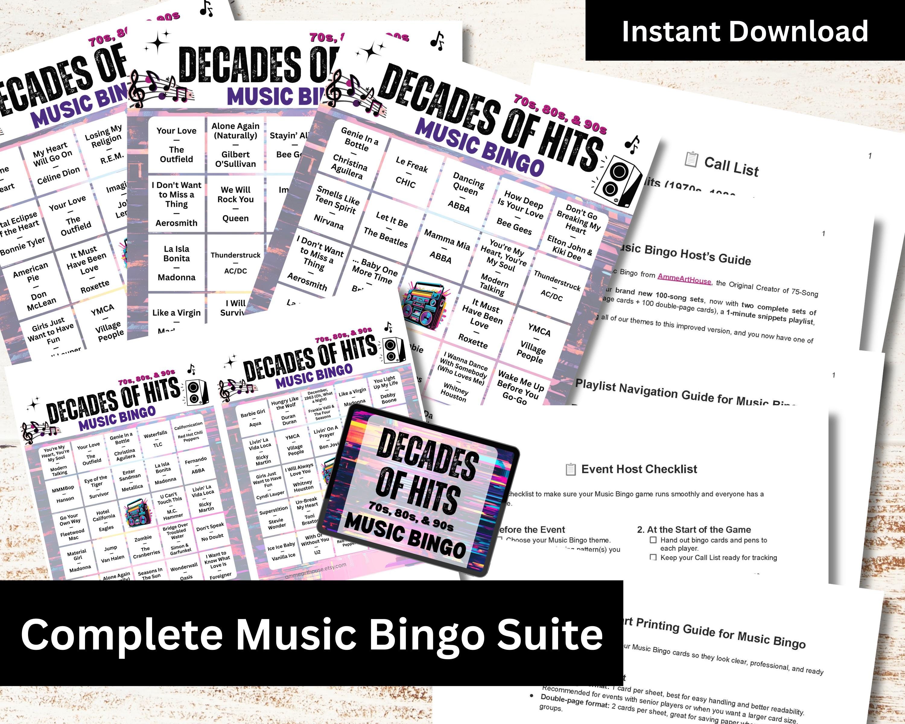 Decades 70s 80s 90s Music Bingo, 300 Cards, 100 Songs Playlists ...
