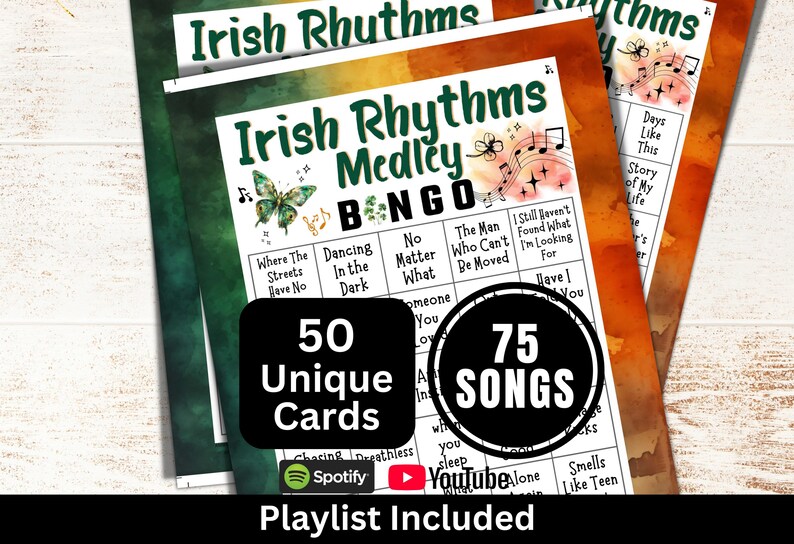 Irish Songs Bingo 50 Cards, Saint Pattys Game, Lucky Theme Ireland ...