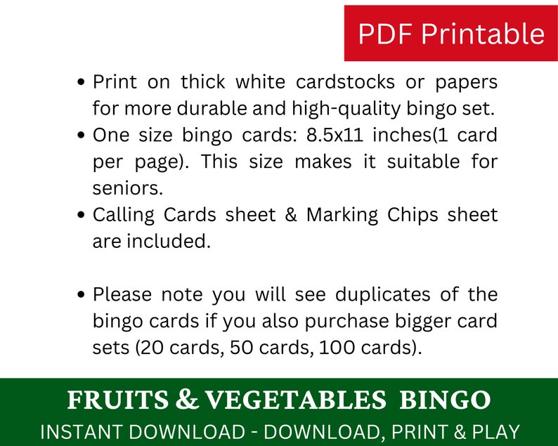 5 Fruits and Vegetables Bingo Game Card, Food Theme Party Activity, PDF ...