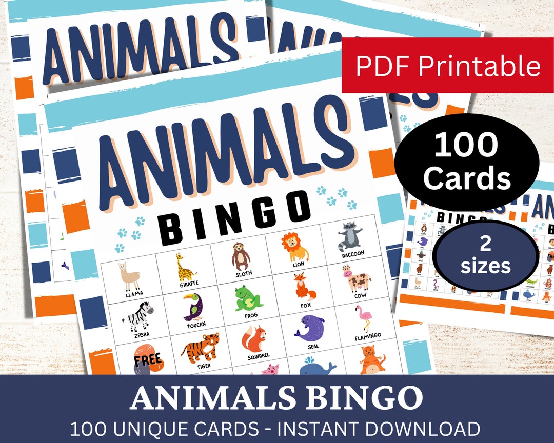 100 Animals Bingo Game Card, Fauna Theme Party Activity for Classroom ...