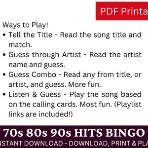 5 Decades of Hits Bingo, 70s 80s 90s Songs Game Cards for Party ...