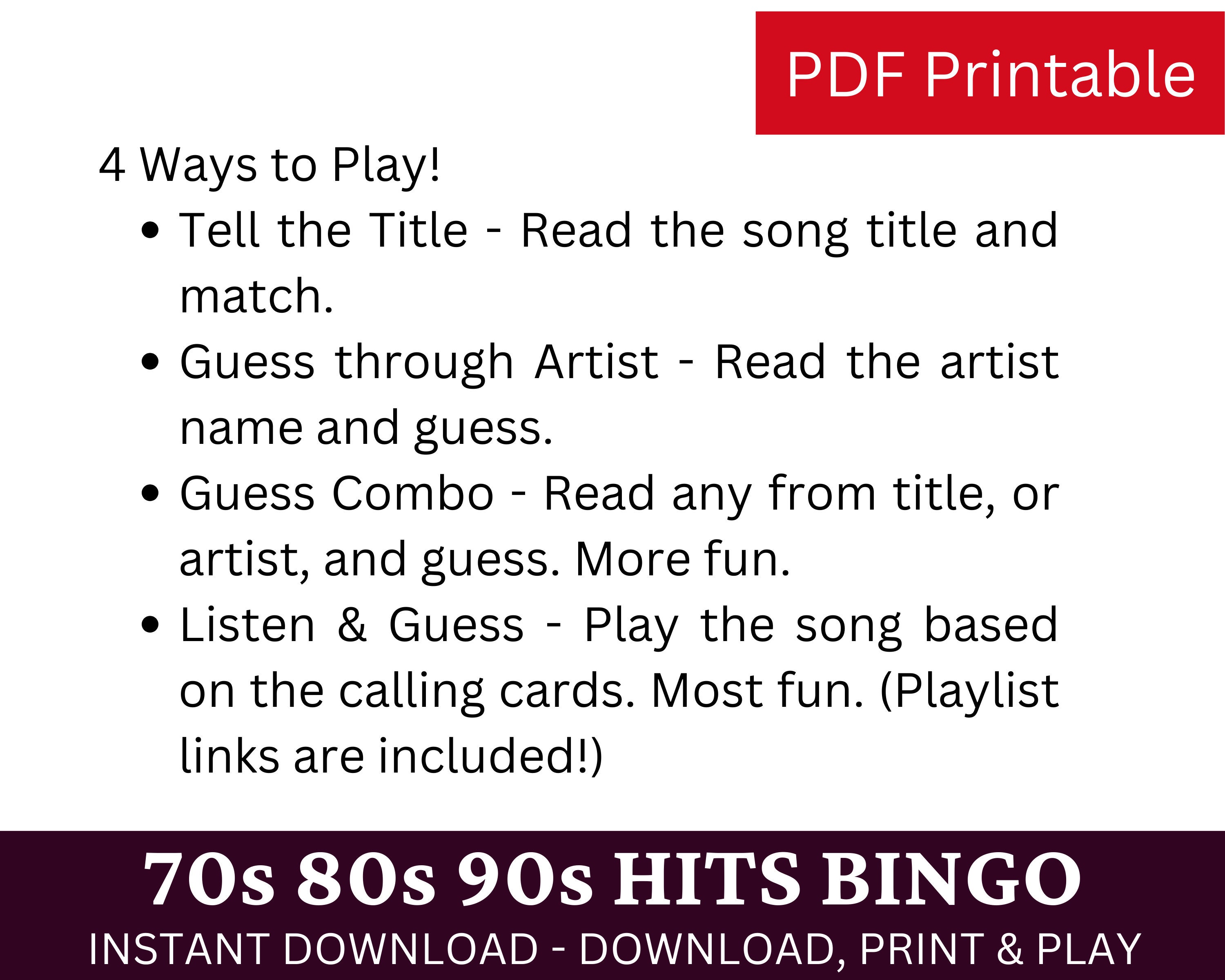 Decades of Hits Bingo 20 Cards, 70s 80s 90s Songs Game for Party ...