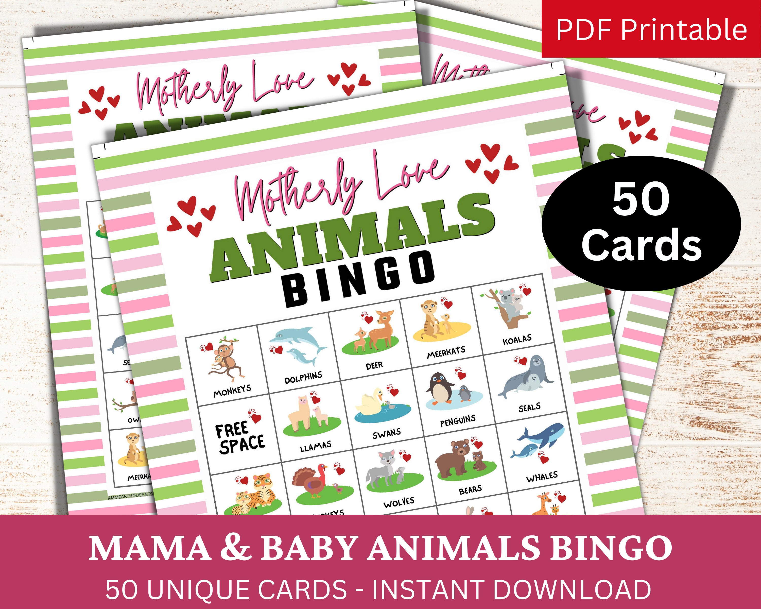 50 Mama & Baby Animals Bingo Game Card Mother's Day - Etsy
