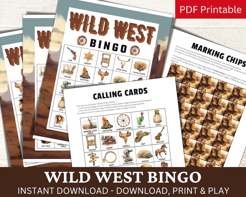 5 Wild West Watercolor Bingo Game, Cowboy Family Party, Summer Picnic ...
