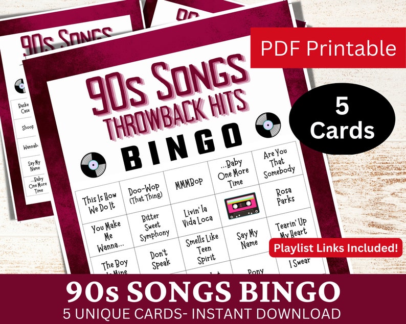 5 Throwback 90s Songs Bingo Game Cards Timeless Music Party - Etsy UK