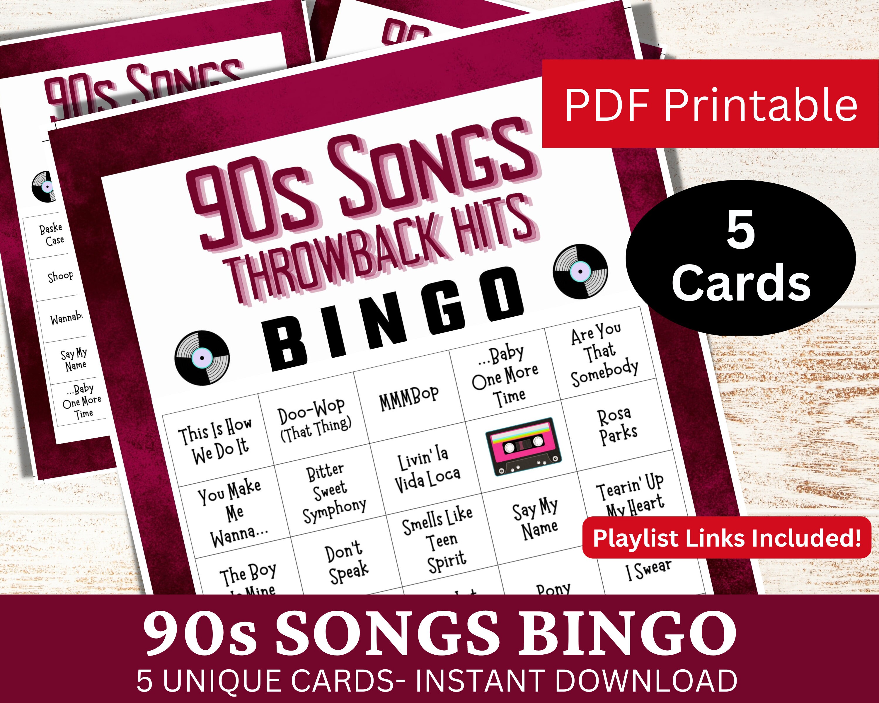 5 Throwback 90s Songs Bingo Game Cards Timeless Music Party - Etsy