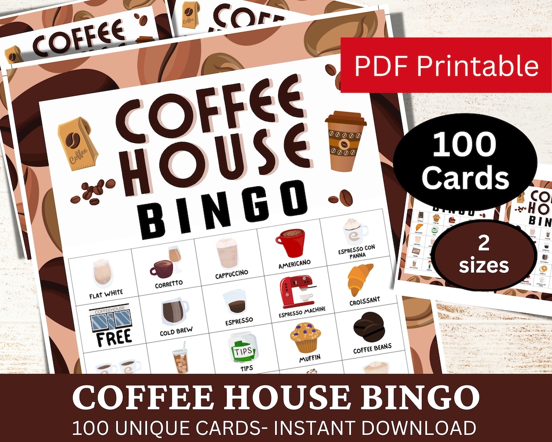 100 Coffee House Bingo Game Card, Fun Coffee Shop Theme Birthday Party ...
