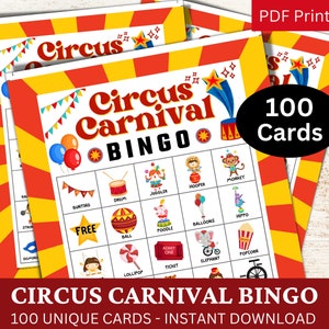 100 Circus Carnival Bingo Game, Family Birthday Party Activity, Road ...