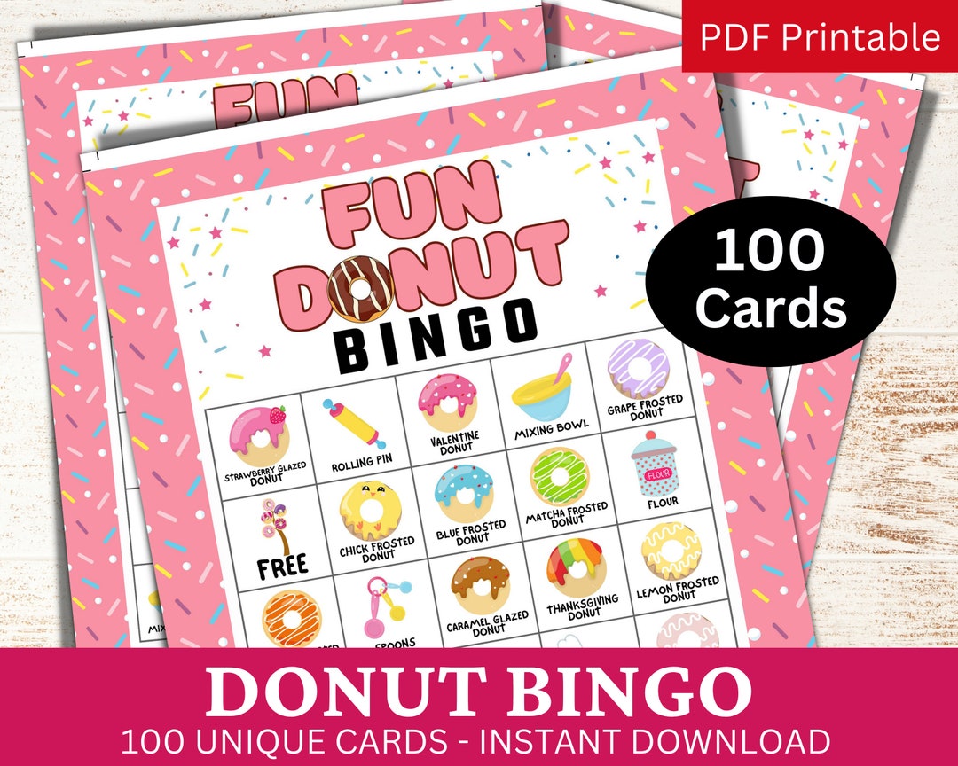 100 Fun Donut Bingo Game, Cute Sweet Treats Activity for Kids ...