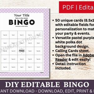 50 Editable Bingo Pastel Purple Template PDF, DIY Fillable Bingo Game ...