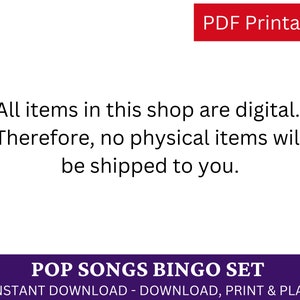 5 Pop Songs Bingo Game Cards, Pop Music Party Activity, Birthday Game ...