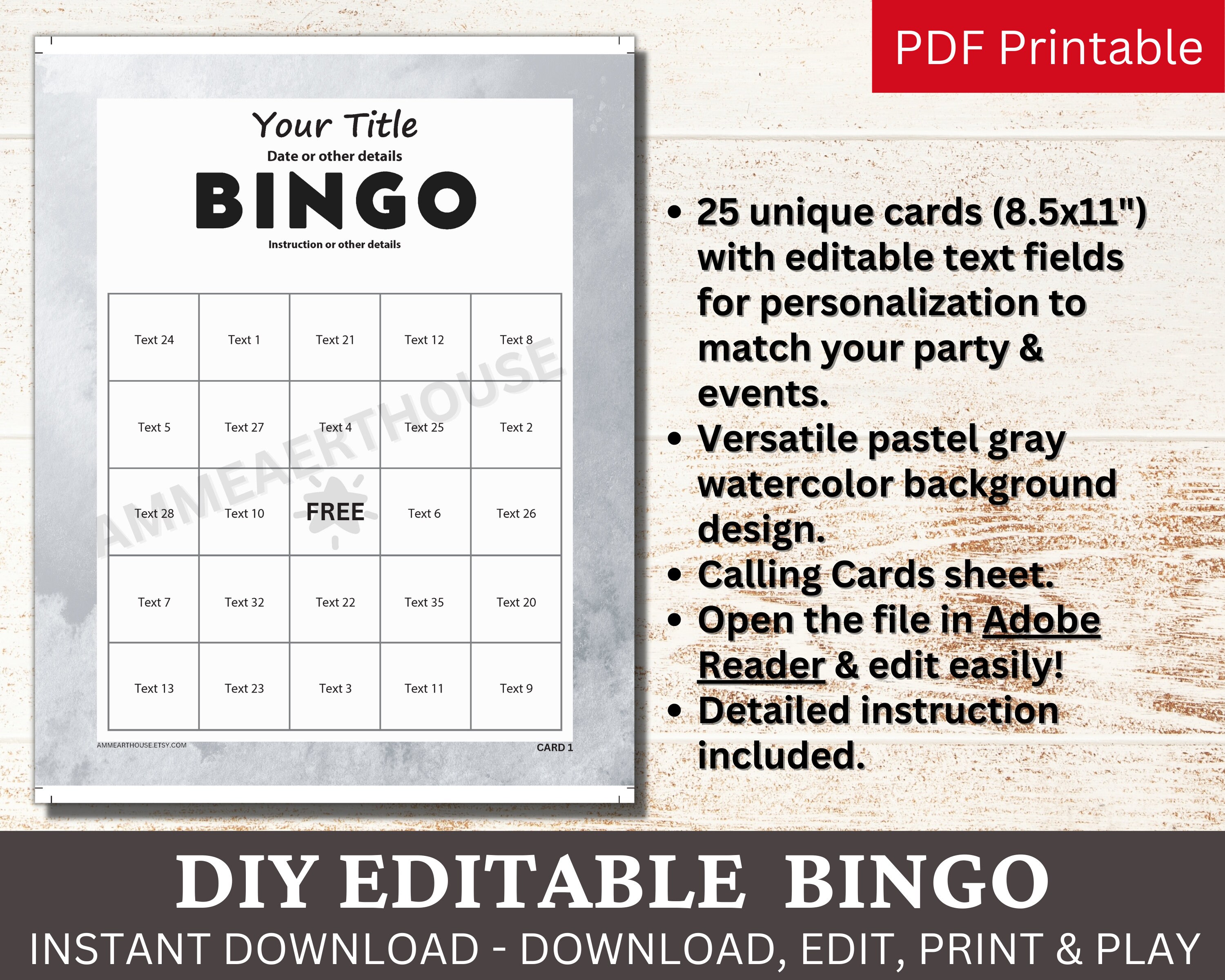 25 Editable Bingo Watercolor Gray Template PDF, DIY Fillable Game Cards ...
