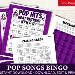 Pop Songs Bingo Game 100 Cards, Pop Music Party Activity, Birthday Game ...