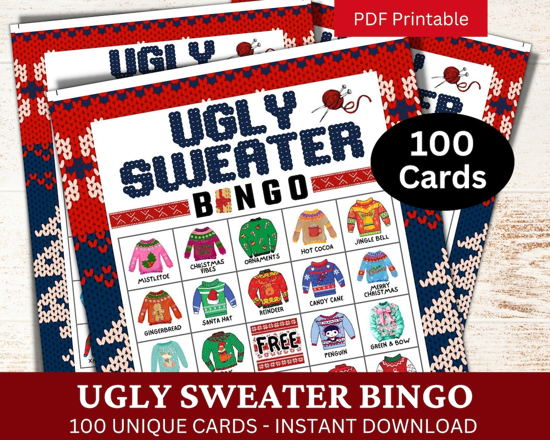 Ugly Christmas Sweater Bingo 100 Cards, Winter Family Game Printable ...