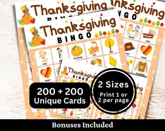 Thanksgiving Bingo 200 Cards, Cute Autumn Activity for Kids, Classroom ...