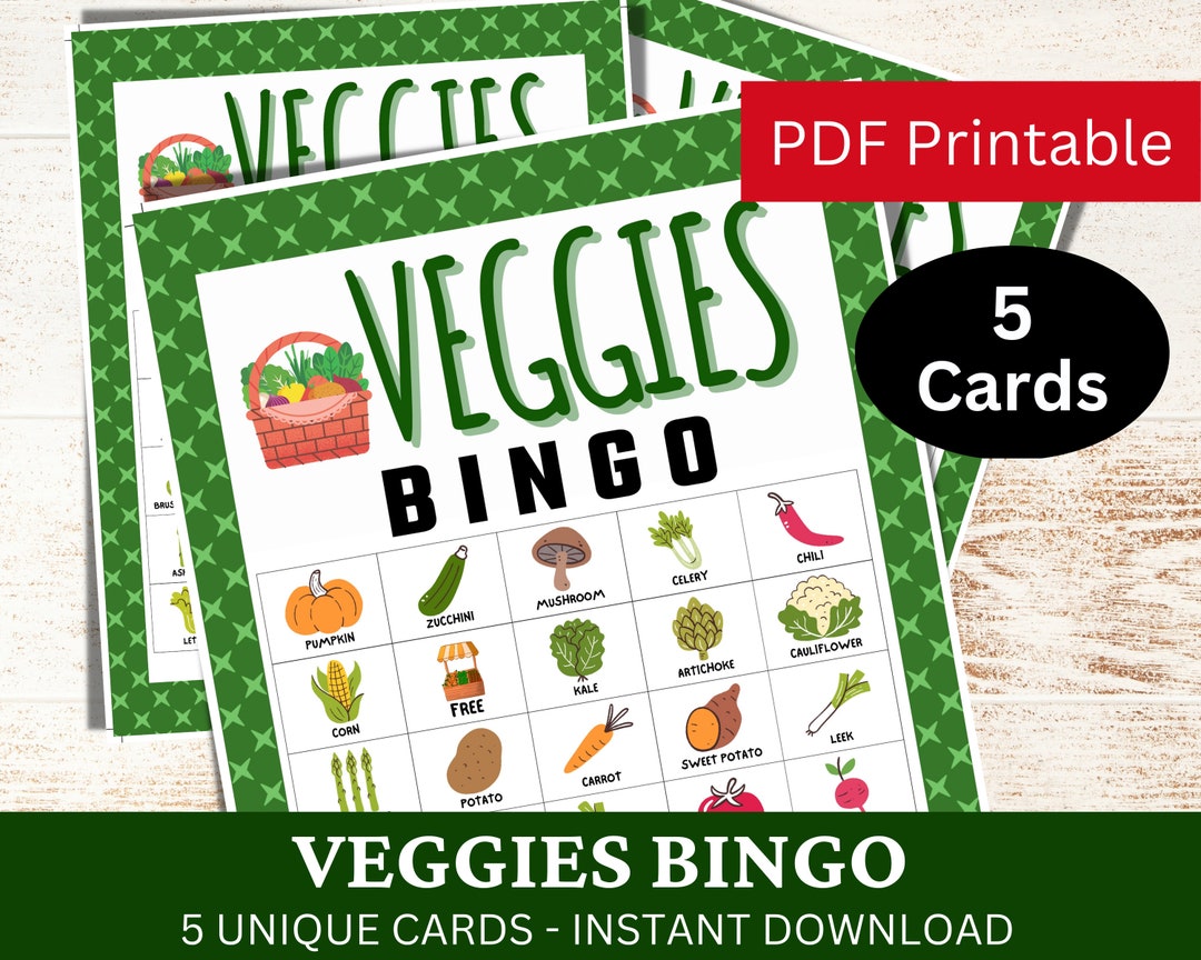 5 Veggies Bingo Game Card, Vegetables Bingo, Food Theme Party Activity ...