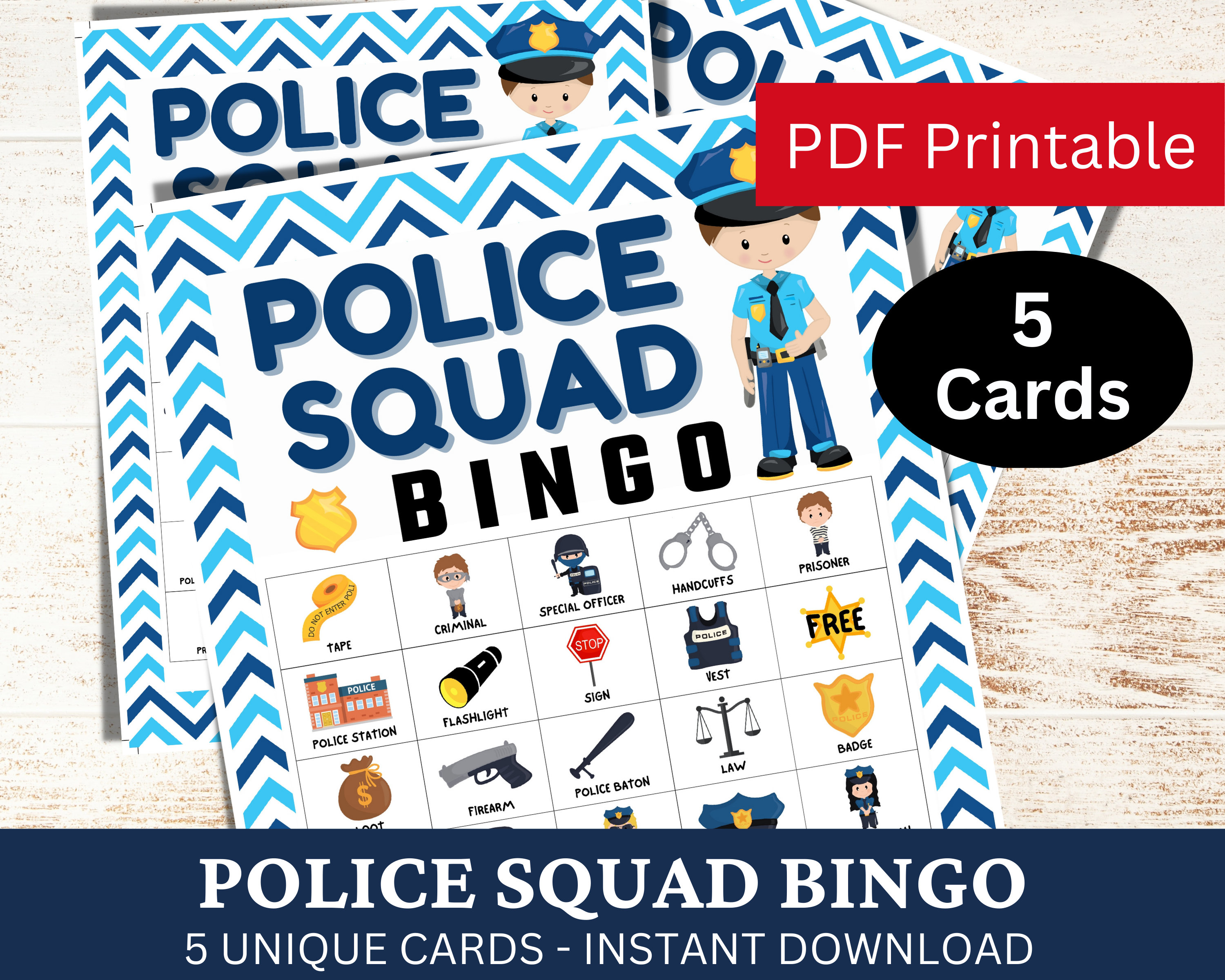 5 Police Squad Bingo Game Card, Police Party Theme Activity, Fun ...