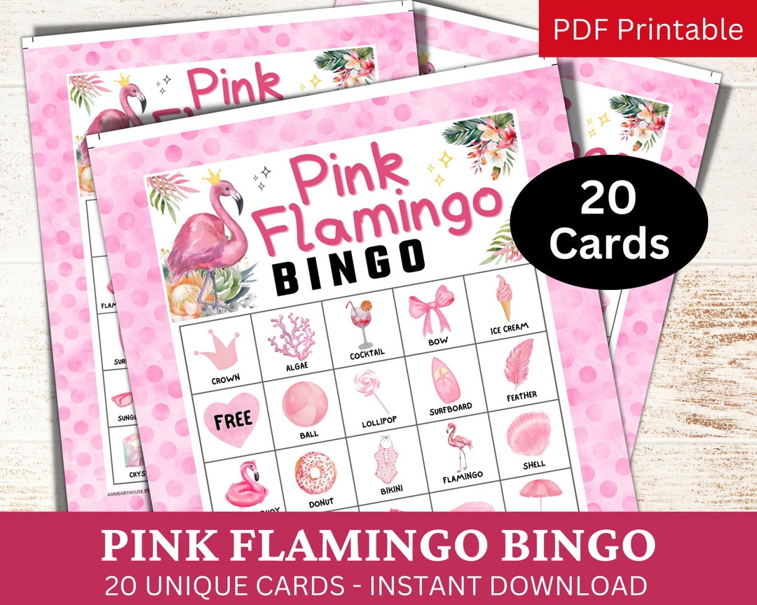 20 Pink Flamingo Watercolor Bingo Game, Tropical Summer Theme Birthday ...