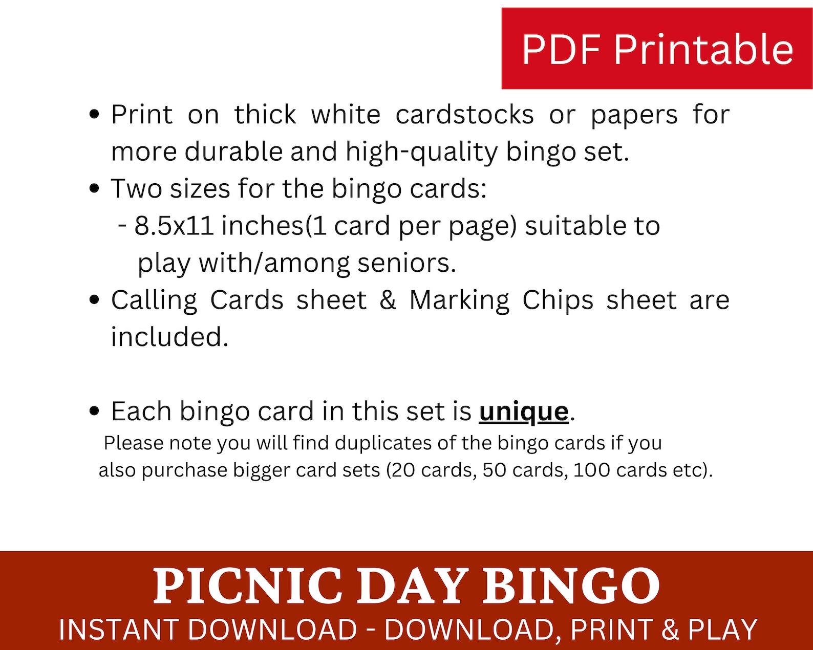 5 Picnic Day Bingo Game Card, Family Reunion Activity, Fun Birthday ...