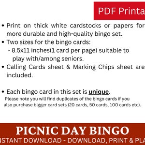 5 Picnic Day Bingo Game Card, Family Reunion Activity, Fun Birthday ...