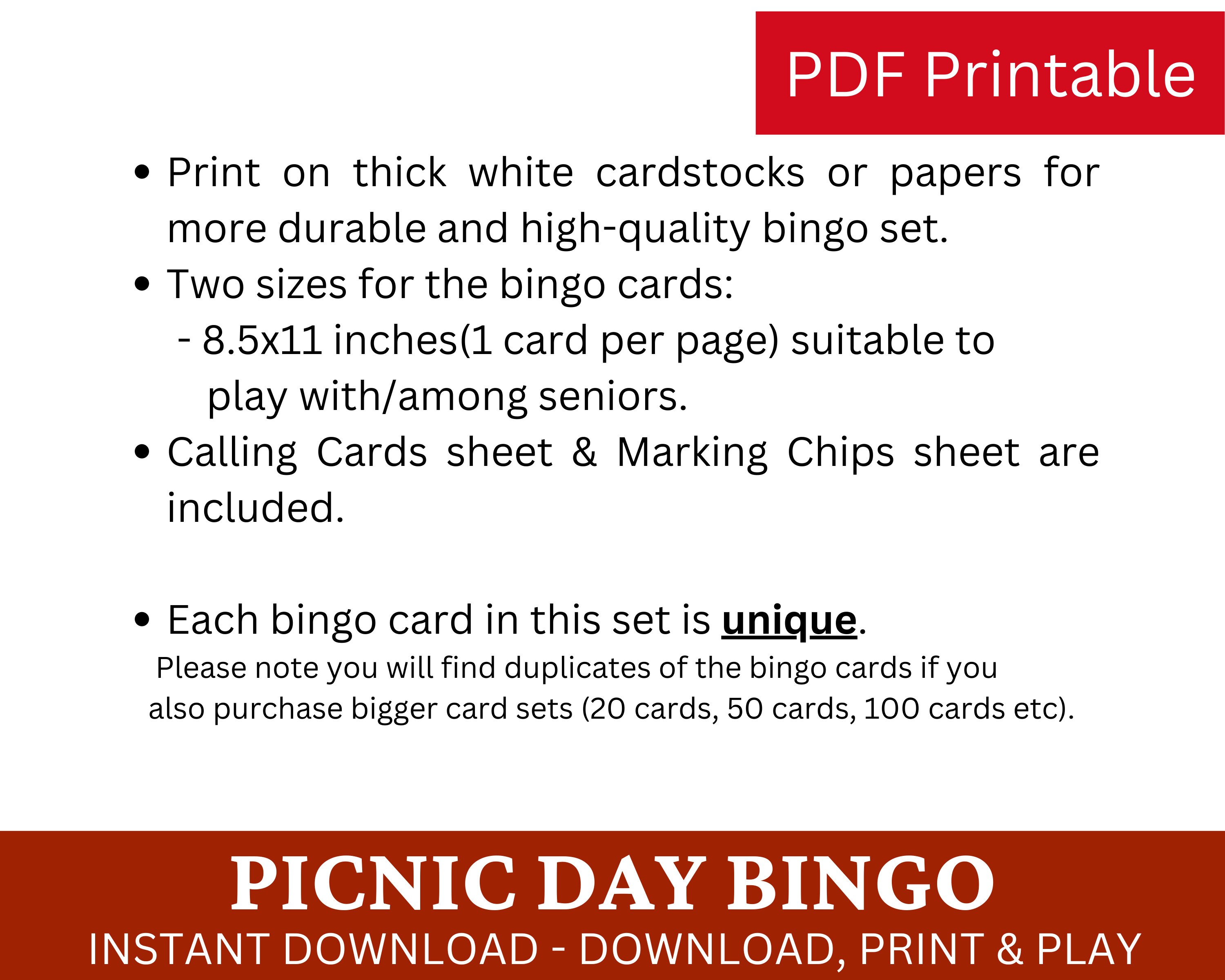 5 Picnic Day Bingo Game Card, Family Reunion Activity, Fun Birthday ...