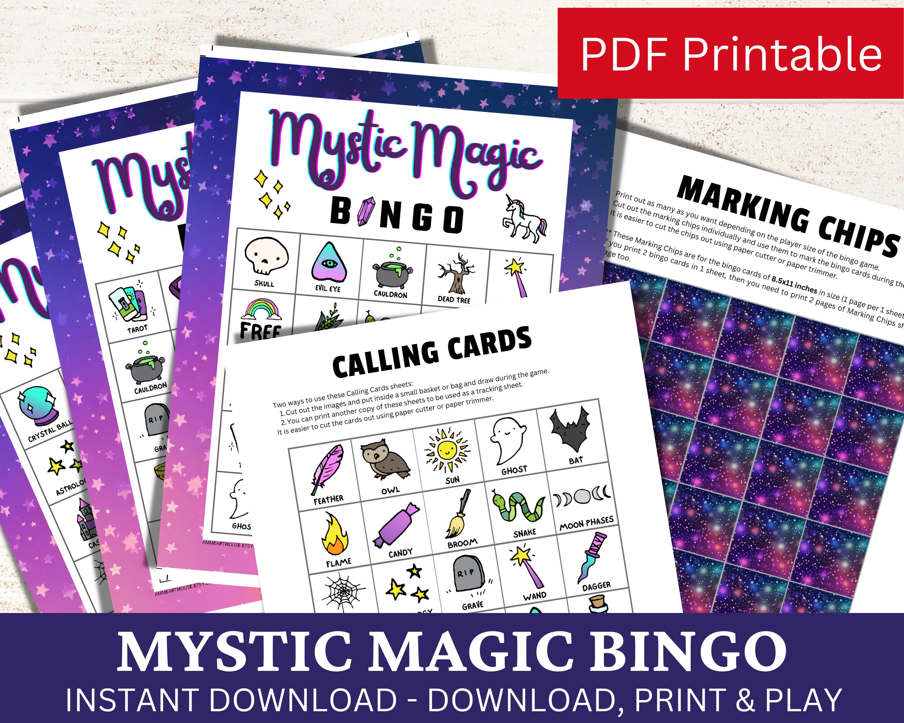 50 Mystic Magic Bingo Game Card, Wizard Witchcraft Themed Activity ...