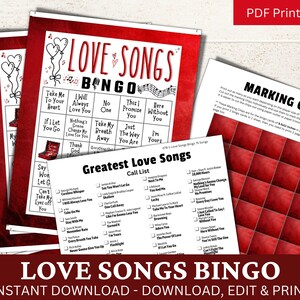 Love Songs Bingo Game 20 Cards, Romance Pop Music Birthday Party ...