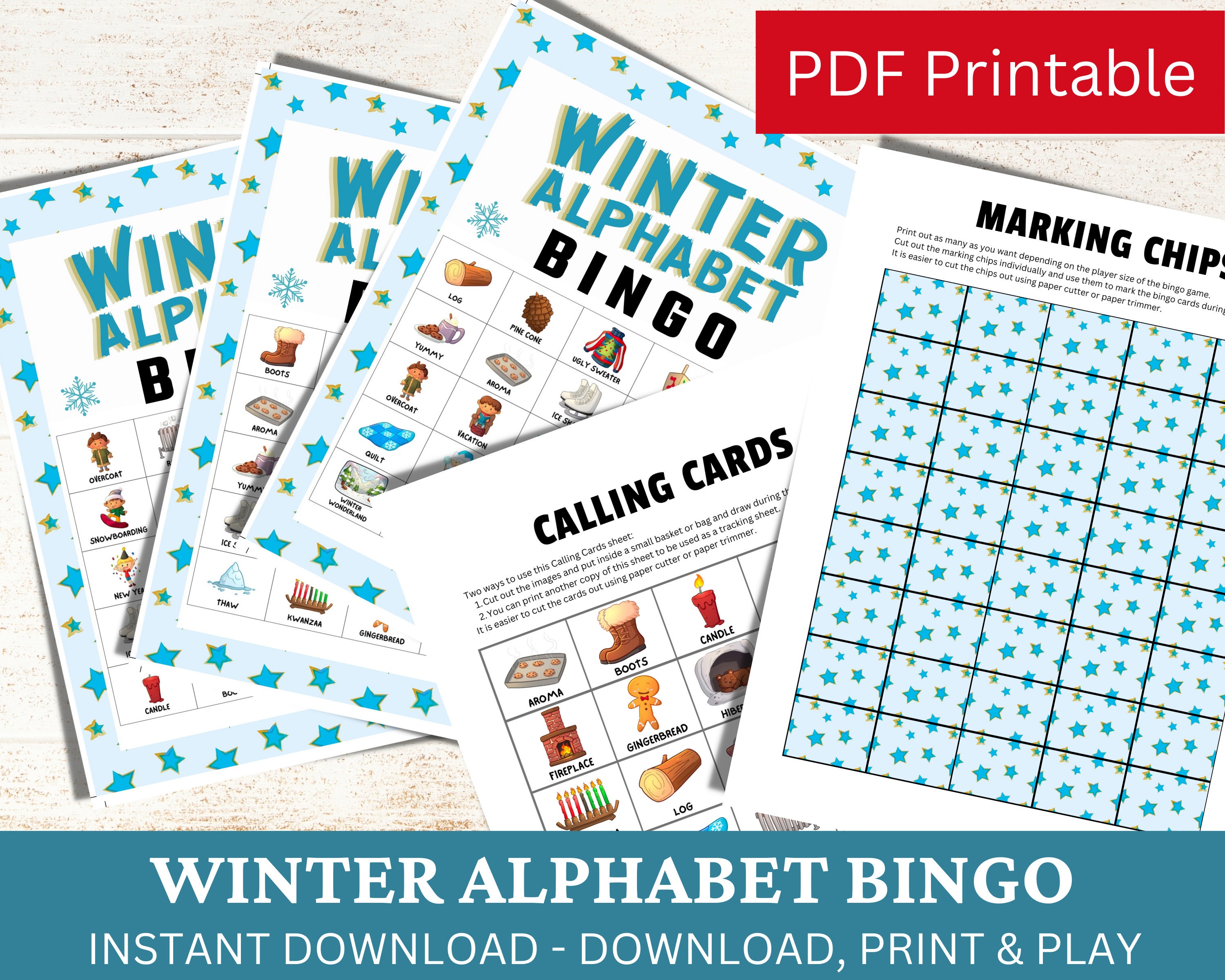 5 A-Z Winter Alphabet Bingo Game Card for Kids & Adult, Holiday Party ...