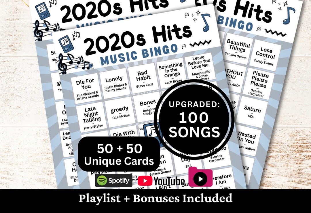 2020s Hits Music Bingo, 50 Cards, 100 Songs Playlists Included ...