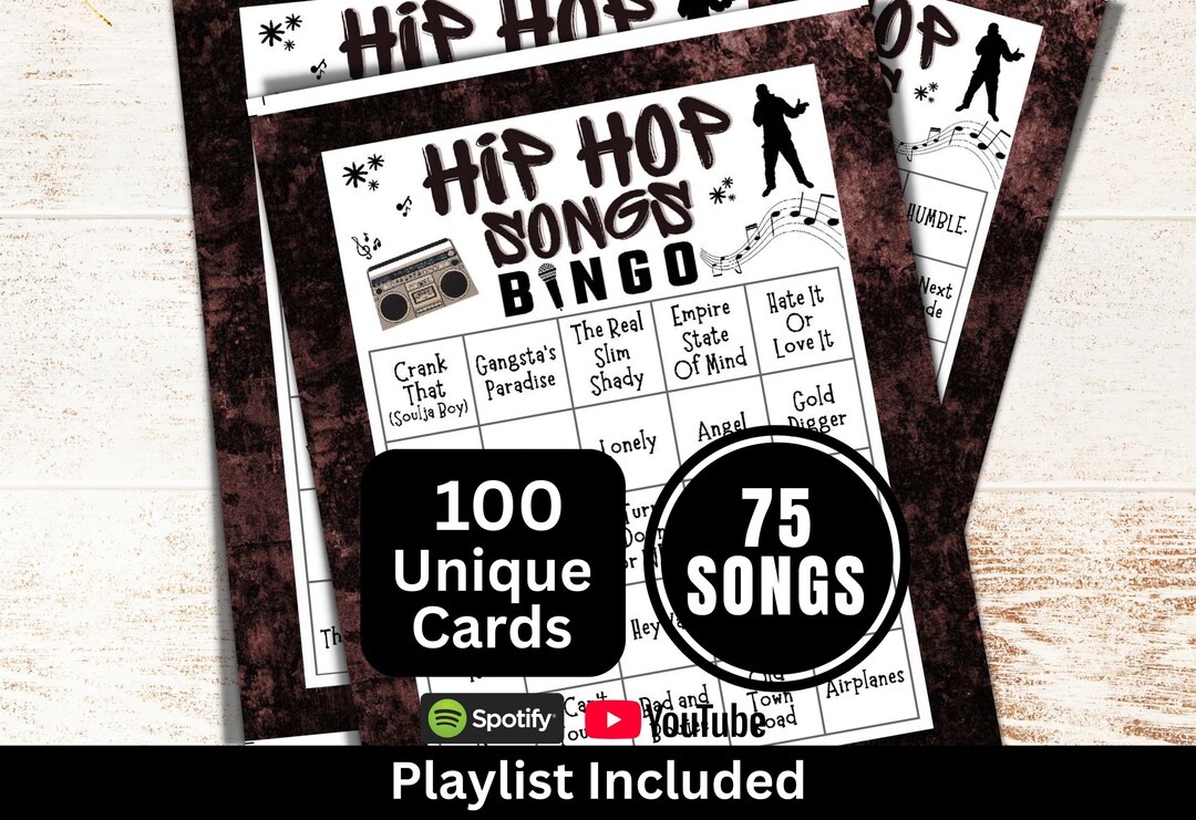 Hip Hop Songs Bingo Game 100 Card, Rap Music Party Activity, Family ...