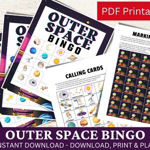 50 Outer Space Bingo Game Card, Fun Solar System Theme Party Activity ...