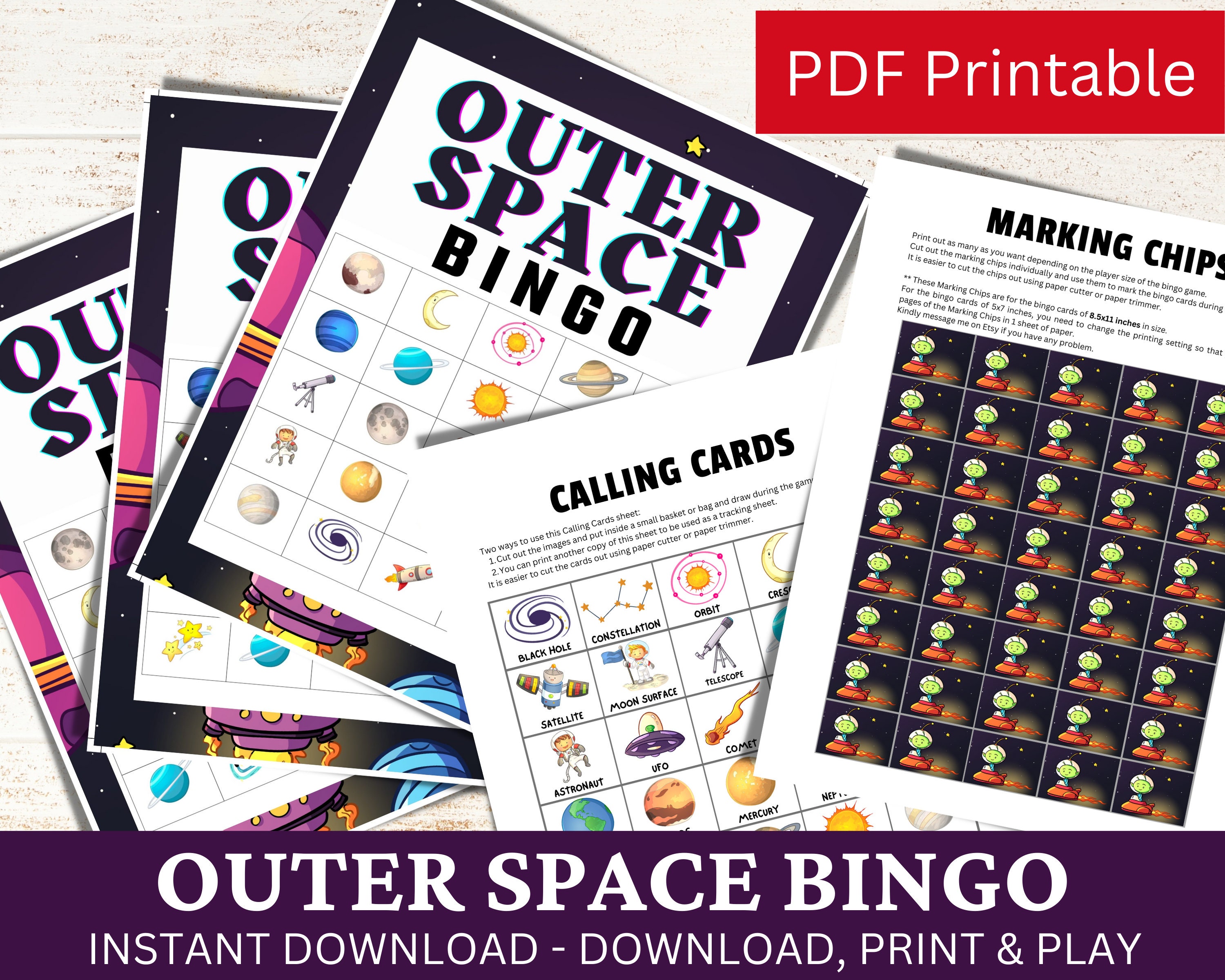 100 Outer Space Bingo Game Card, Fun Solar System Theme Party Activity ...