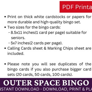 20 Outer Space Bingo Game Card, Fun Solar System Theme Party Activity ...