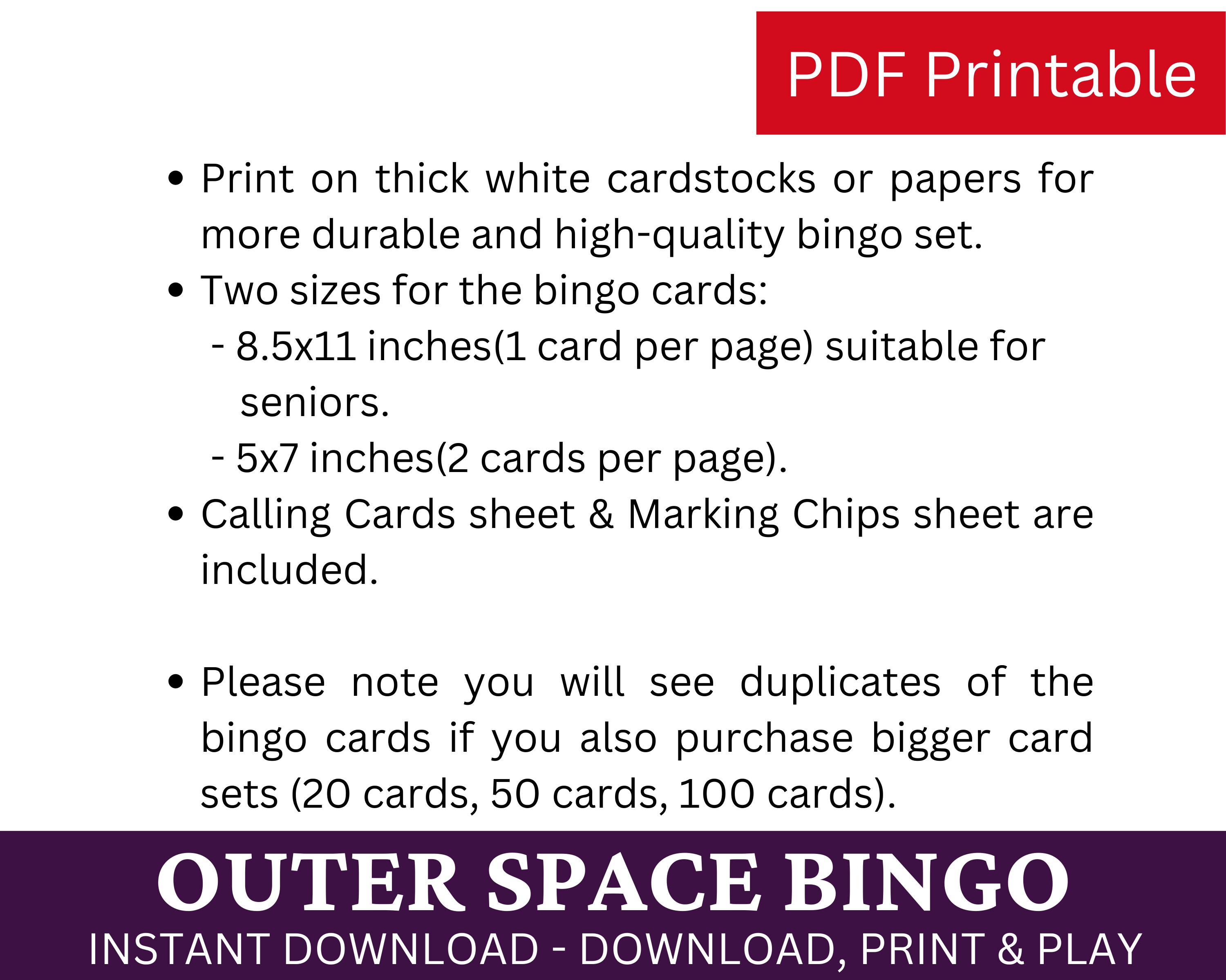 50 Outer Space Bingo Game Card, Fun Solar System Theme Party Activity ...