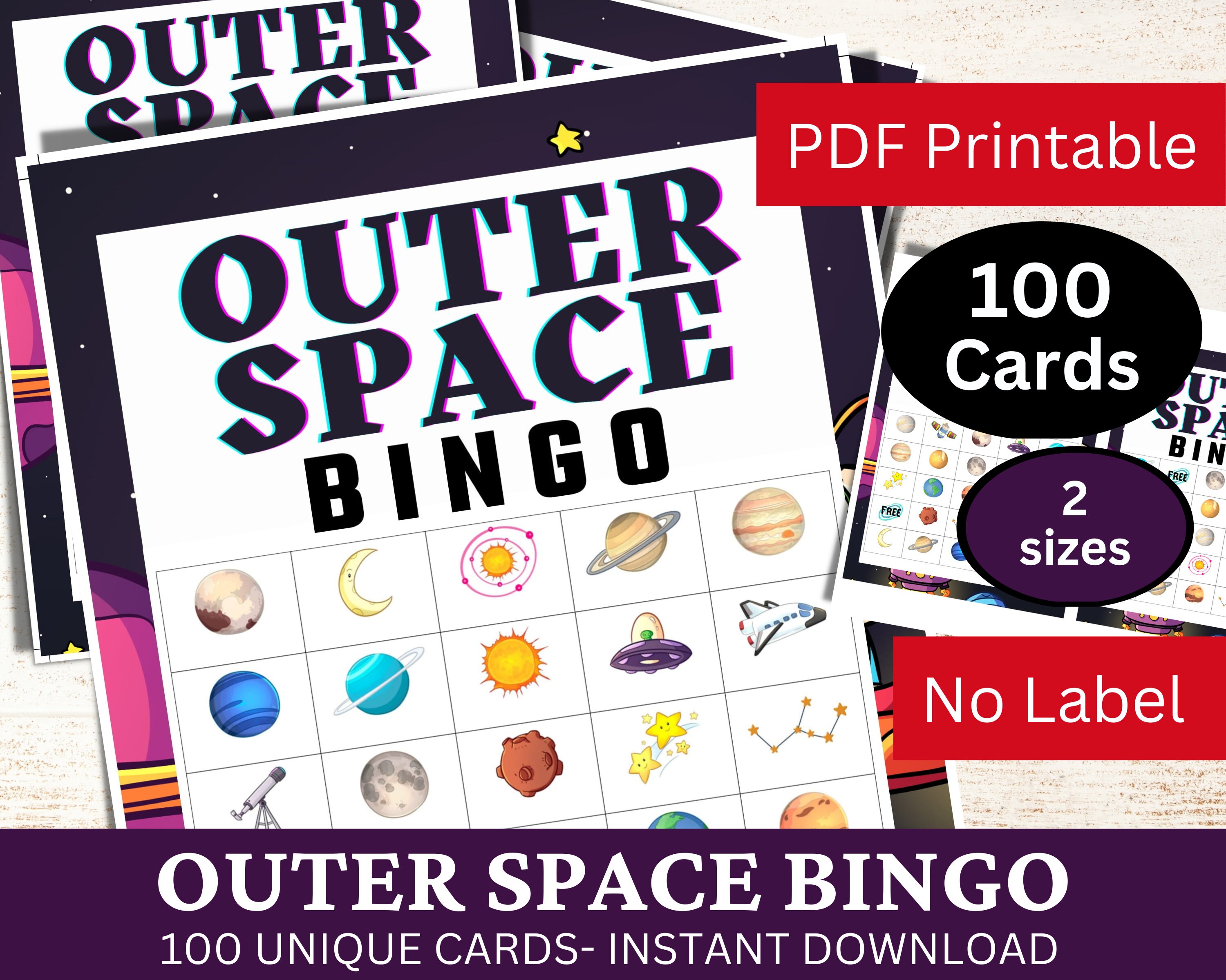 100 Outer Space Bingo Game Card, Fun Solar System Theme Party Activity ...