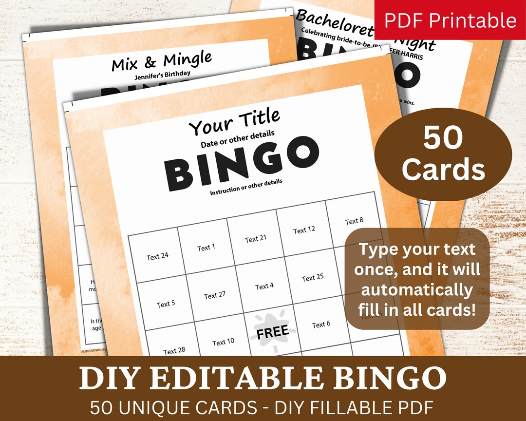 50 Editable Bingo Watercolor Orange Template PDF, DIY Fillable Game ...