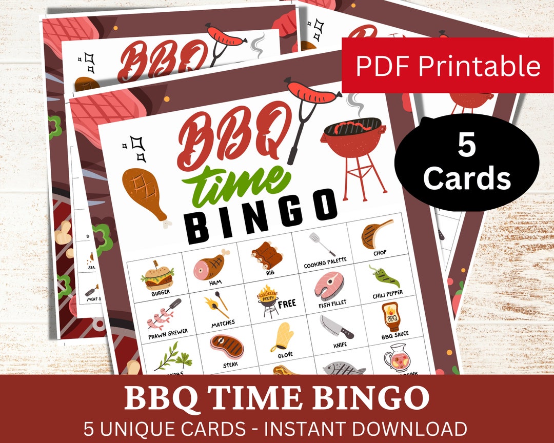 5 BBQ Time Bingo Game Cards, Barbecue Party Family Bingo, Summer Picnic ...
