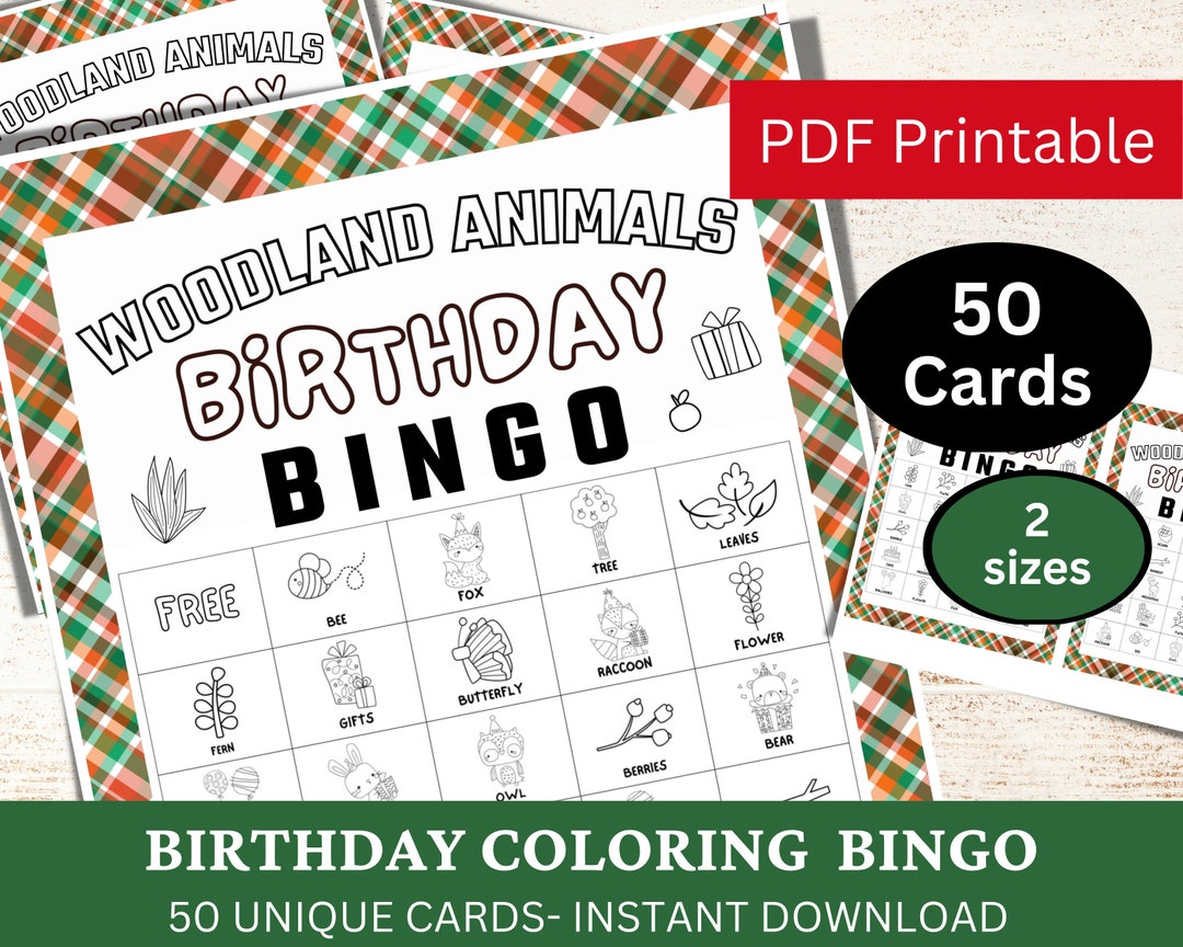 50 Woodland Animals Birthday Coloring Bingo Game Card, Forest Theme ...