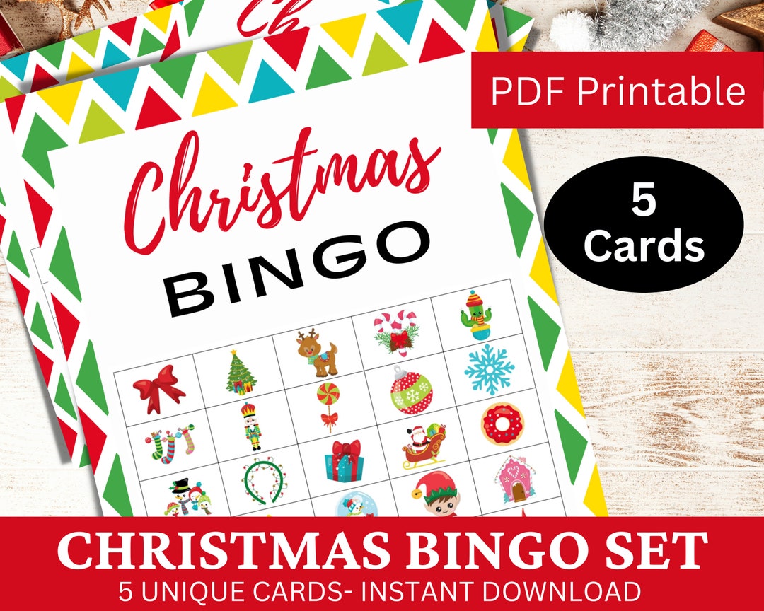 5 Christmas Bingo Game Cards, Fun Holiday Party Activity, Winter Family ...
