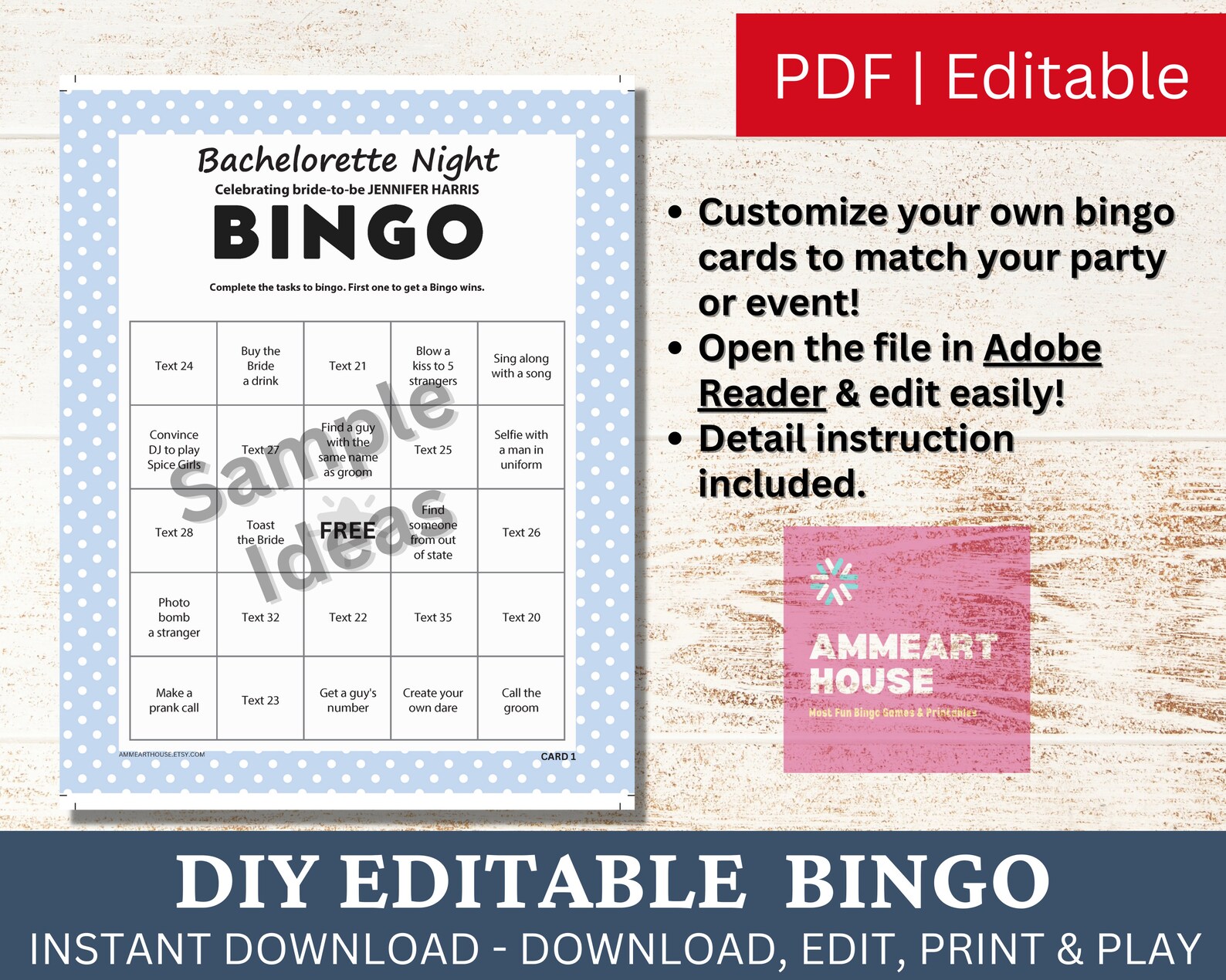 50 Editable Bingo Pastel Indigo Blue Template PDF, DIY Fillable Bingo ...