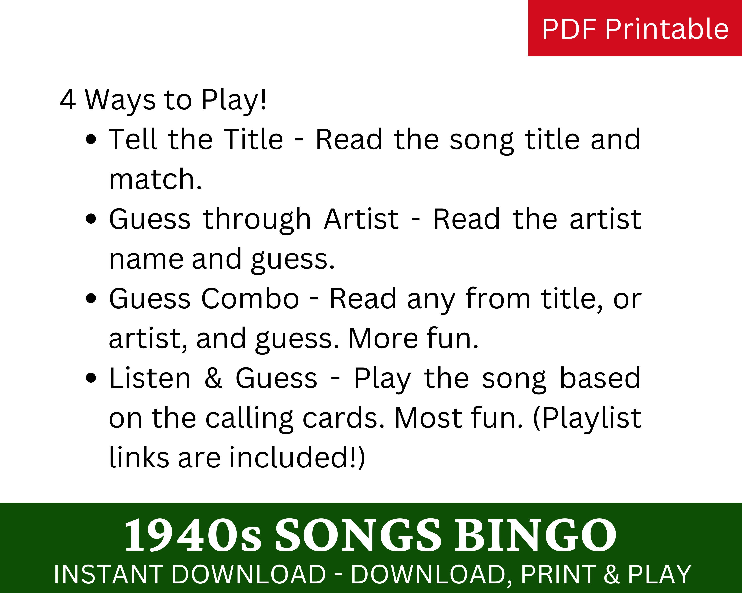 1940s Songs Bingo Game 20 Card 40s Music Bingo With Playlist - Etsy