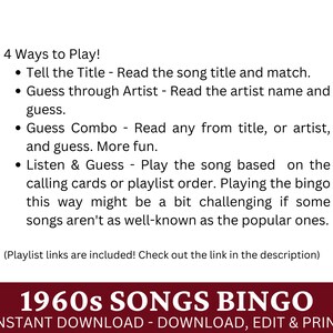 60s Songs Bingo Game 100 Card, 1960s Music Bingo With Playlist, Family ...