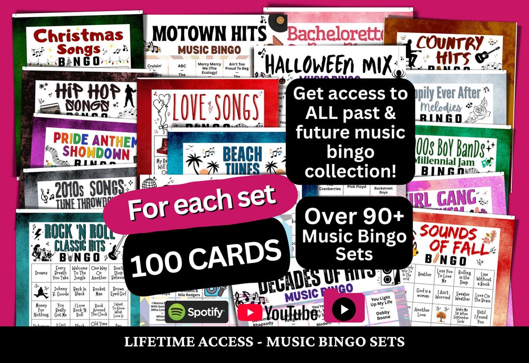 Music Bingo Sets Bundle - 100 Unique Bingo Cards ALL Past and Future ...