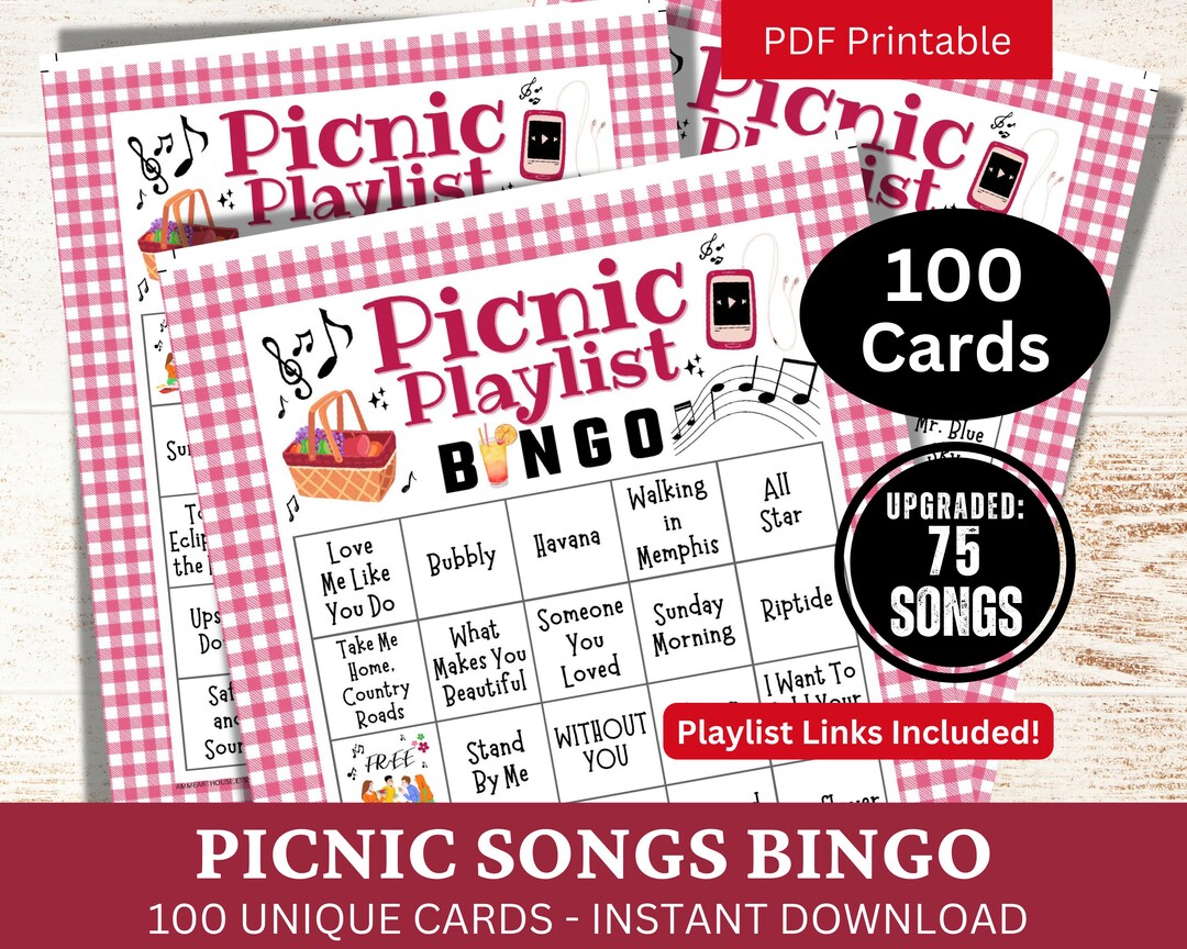 Picnic Songs Bingo 100 Card, BBQ Gathering Printable Activity for Adult ...